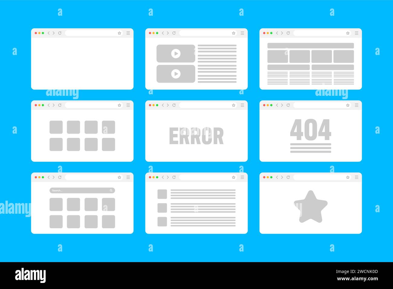Web browser window, pages layout with toolbar and search field. Modern ...