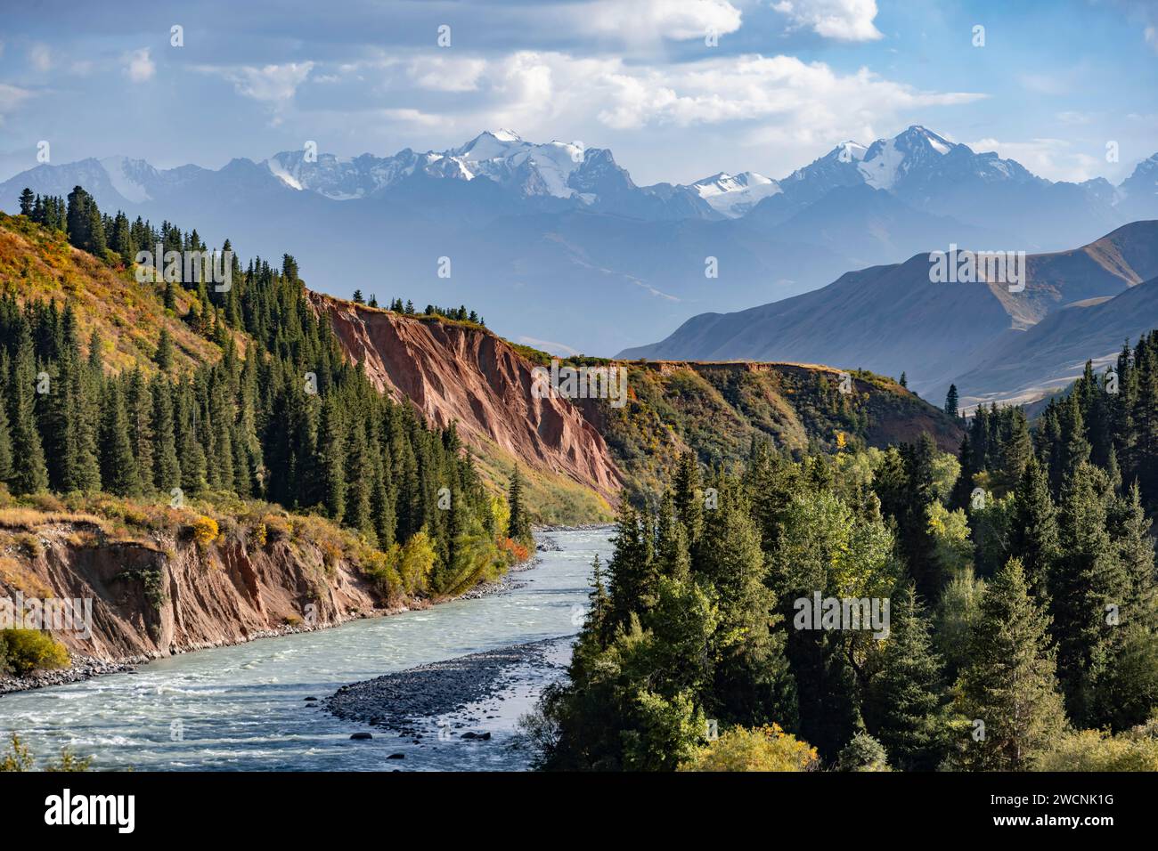 Naryn River and mountain panorama in autumn, at the confluence of the ...