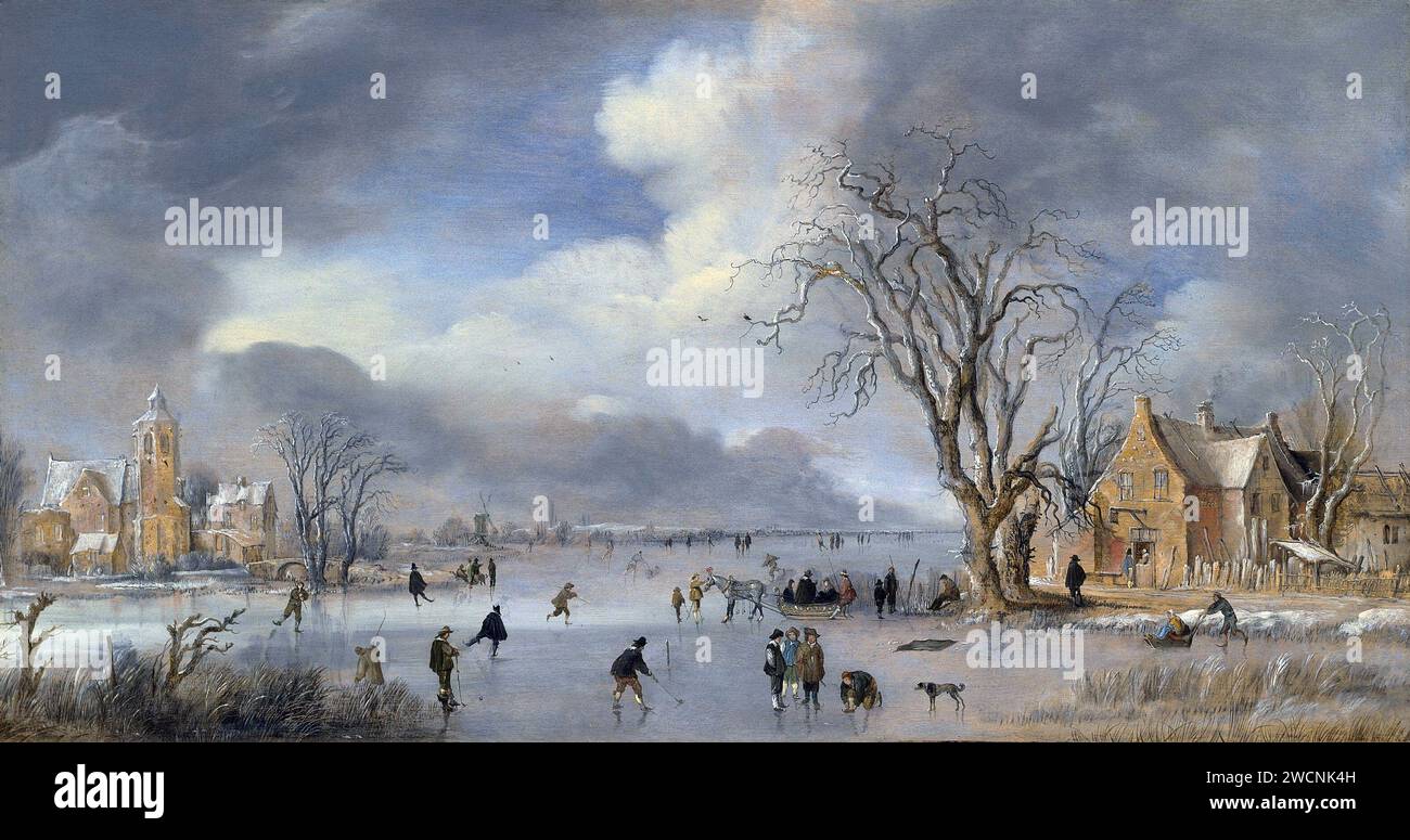 Winter Landscape with Skaters, Painting by Aert van der Neer Stock ...