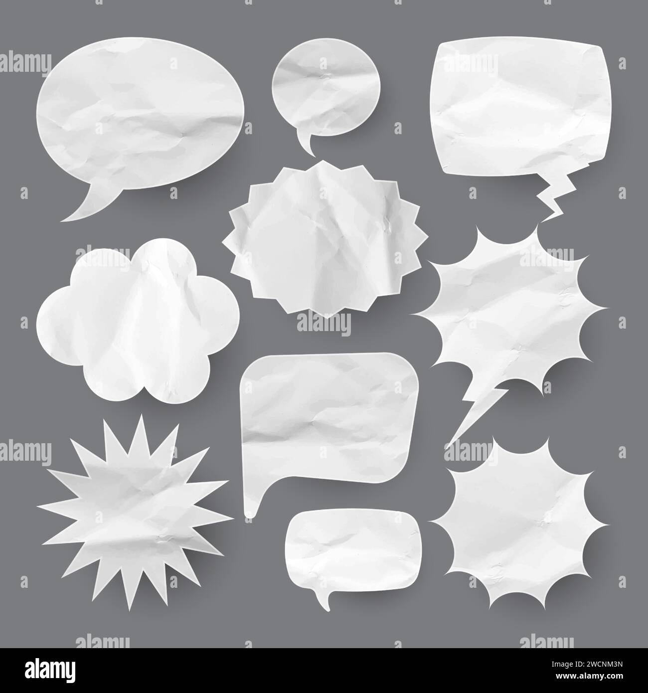 Crumpled paper comic speech bubbles. Hand drawn retro cartoon stickers ...