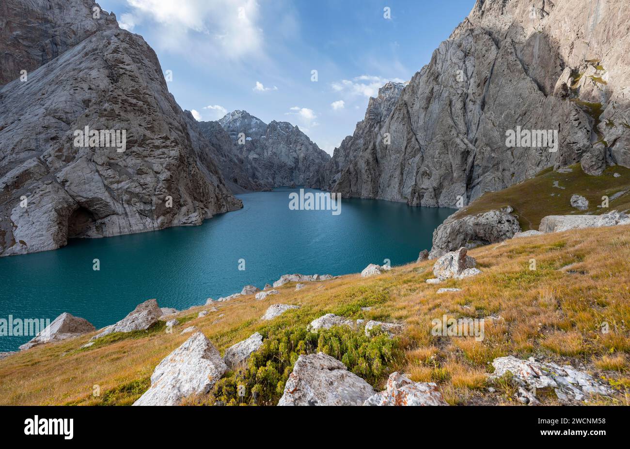 Mountain lake Kol Suu rocky steep mountains, Kol Suu Lake, Sary Beles ...