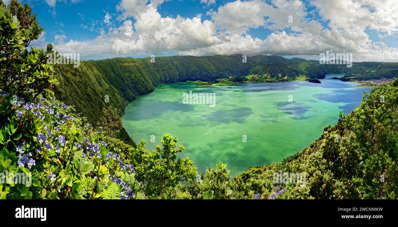 Breathtaking panoramic view of the crater lake Lagoa Azul surrounded by ...