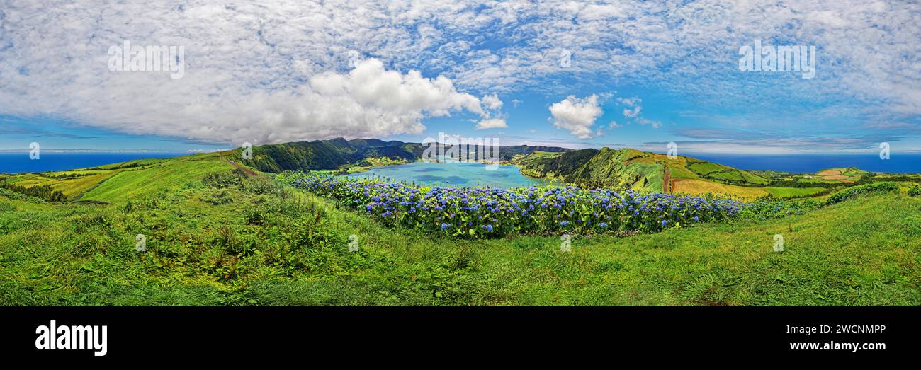 360 panorama of the Caldeira das Sete Cidades with the crater lake ...