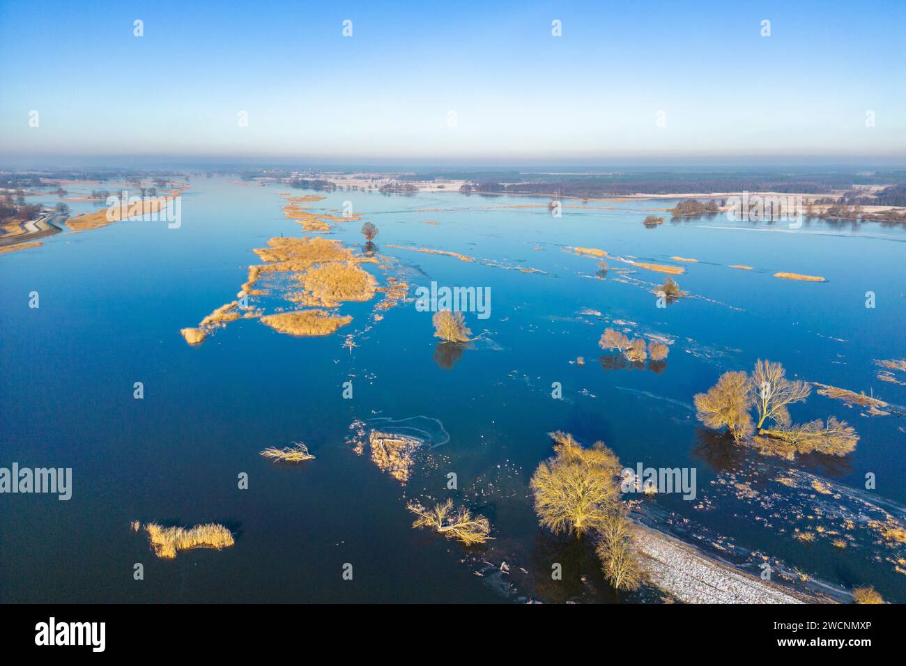 Aerial view, drone photo: Flood, flooded meadows in the floodplains ...