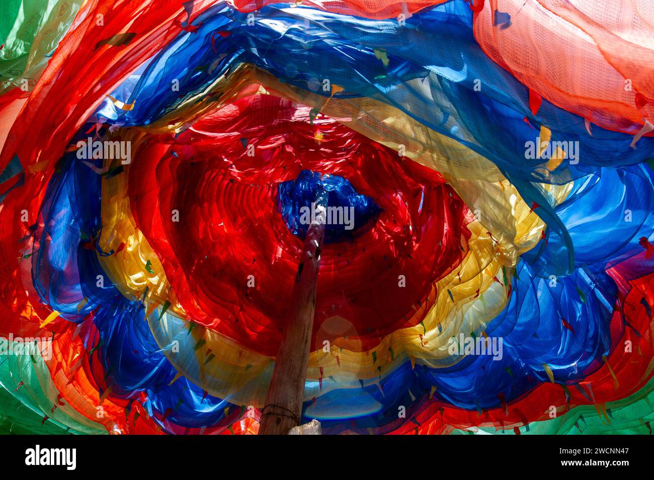 Tibet, Kham, Tagong. Interior view of a cone of prayer flags Stock ...
