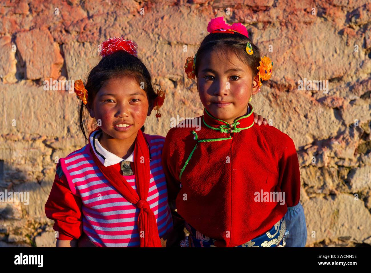 Tibet, Kham, Litang. Tibetan nomads near Litang. Young girls ...