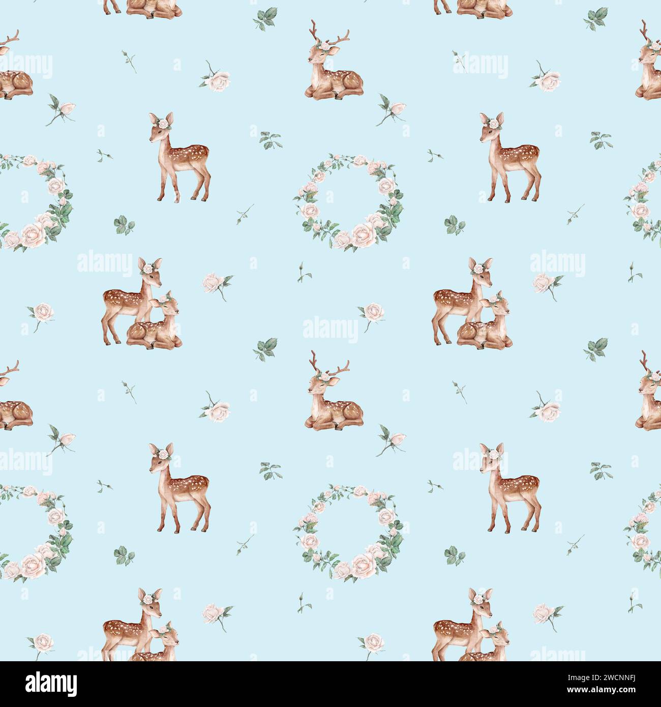 Seamless pattern watercolor deer and white roses. Spotted deer isolated ...