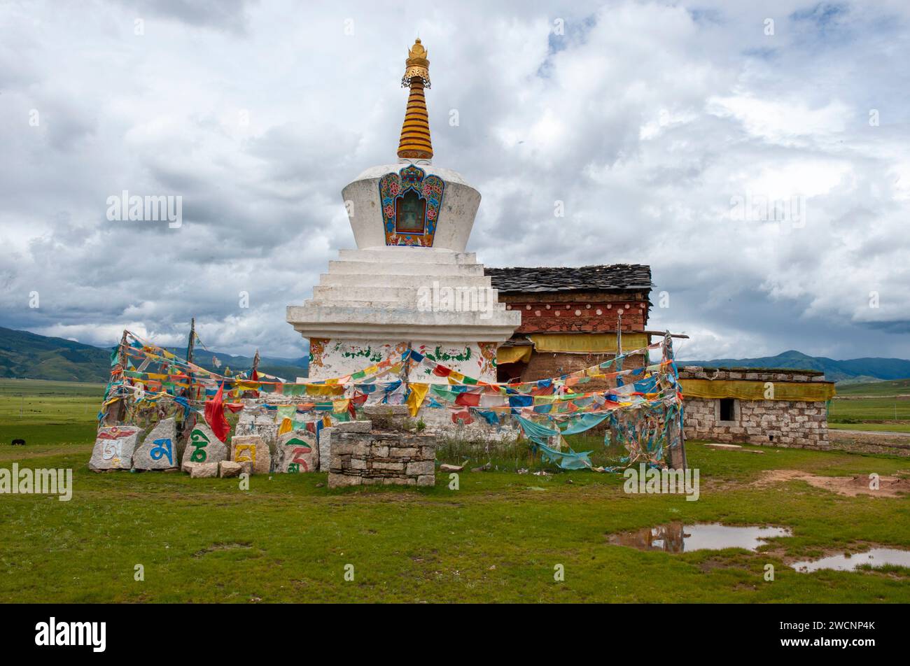 Tibet, Kham, Litang. Prayer flags surround a Buddhist stupa on the ...