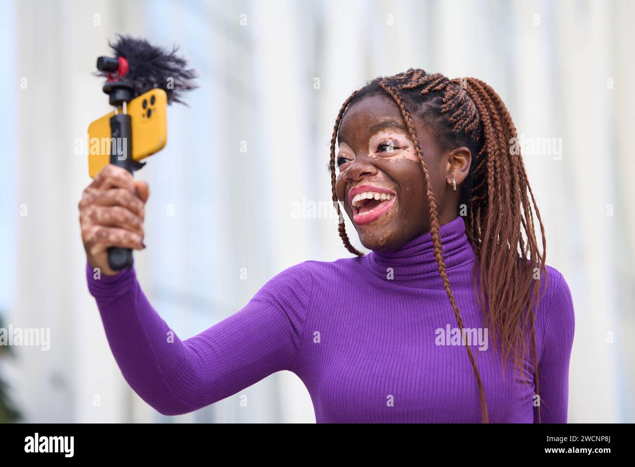 Joyful African American Woman Vlogging Outdoors Stock Photo - Alamy