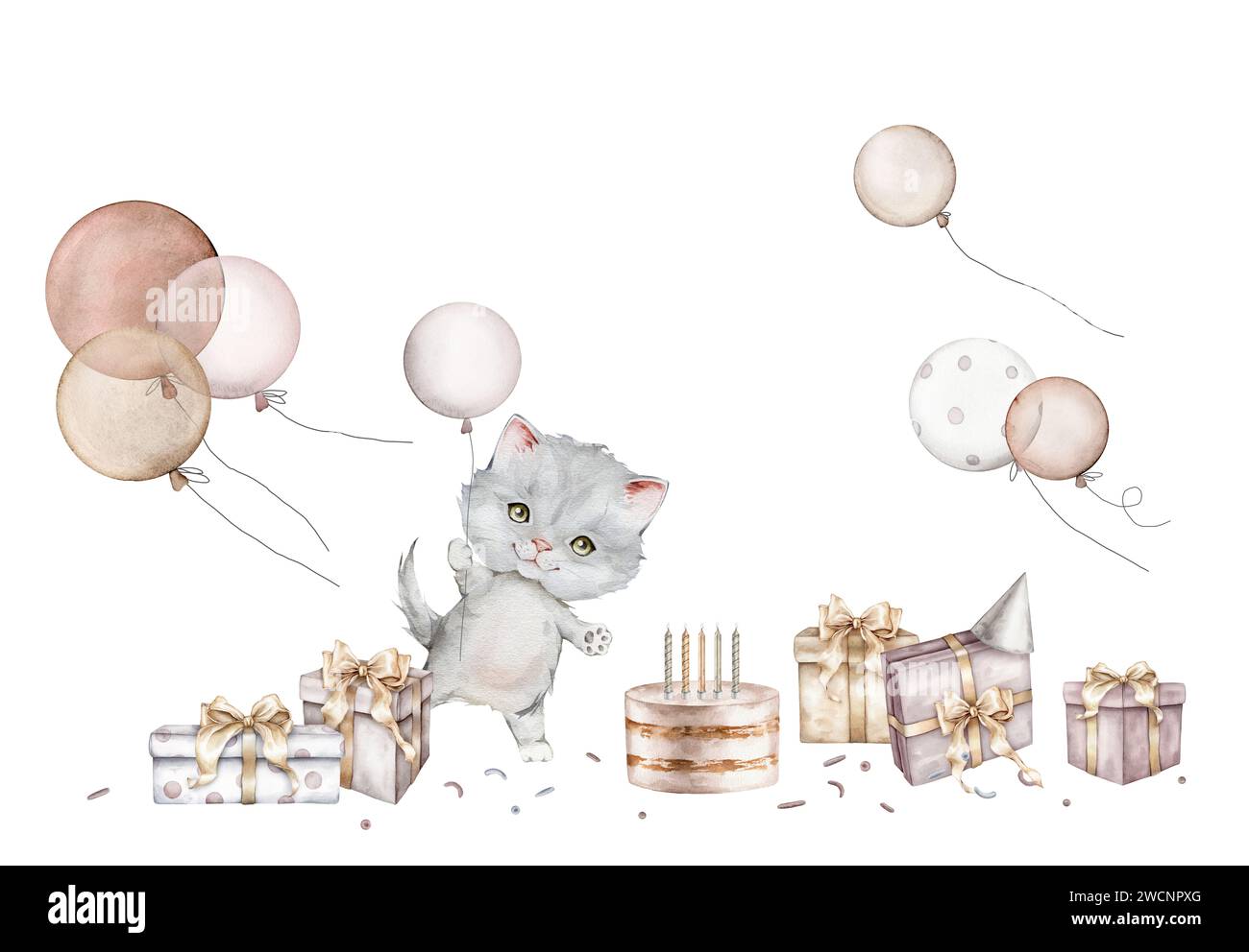 Watercolor Air Balloons and isolated background and grey cat. Hand ...