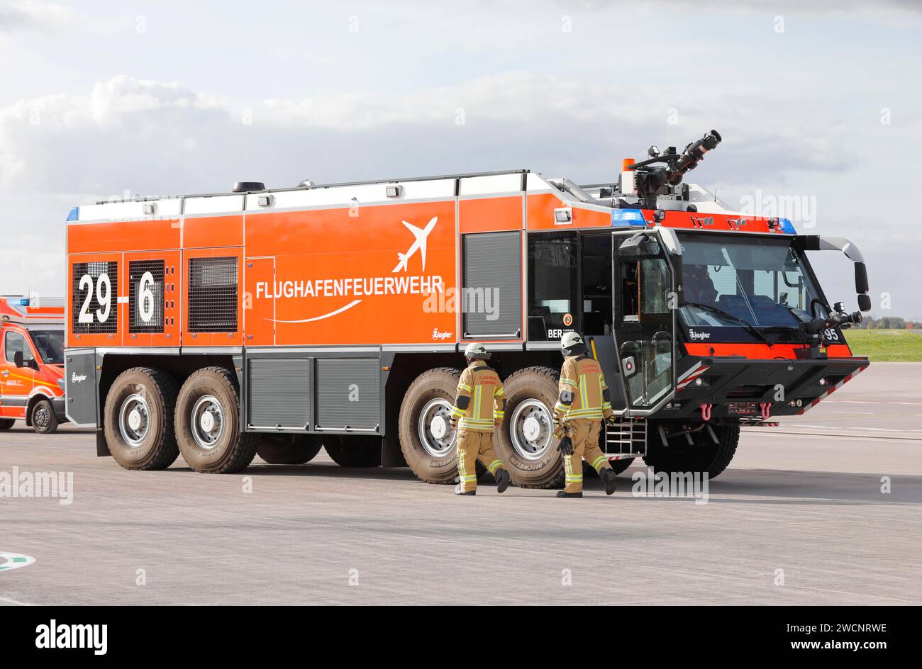 Airport fire brigade fire engine on the BER tarmac during an EASA ...