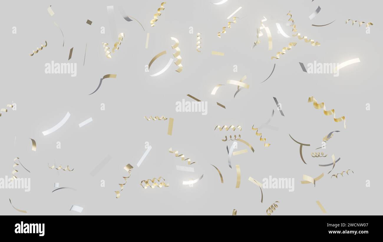 3D illustration of golden flickering confetti party popper falling on ...