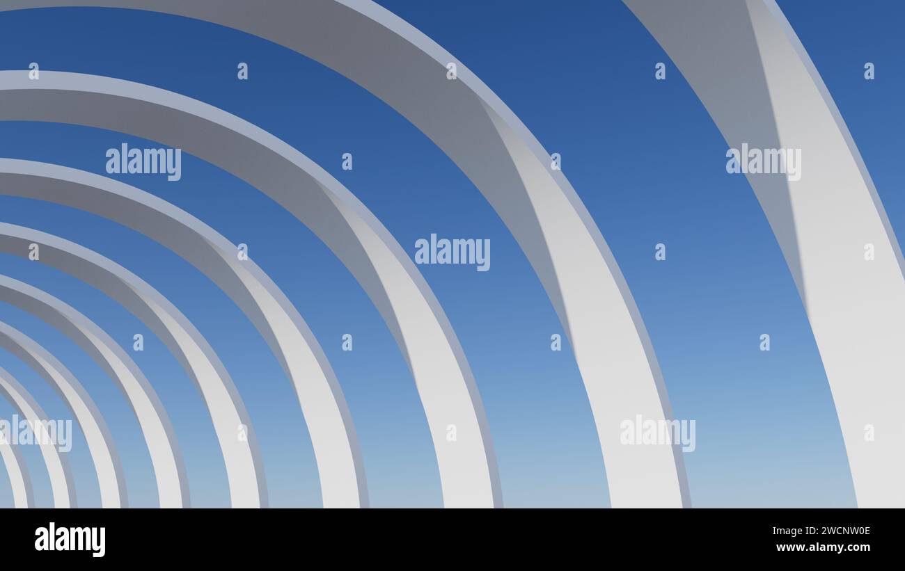 3D illustration of white round arch passage in day light with sun ...