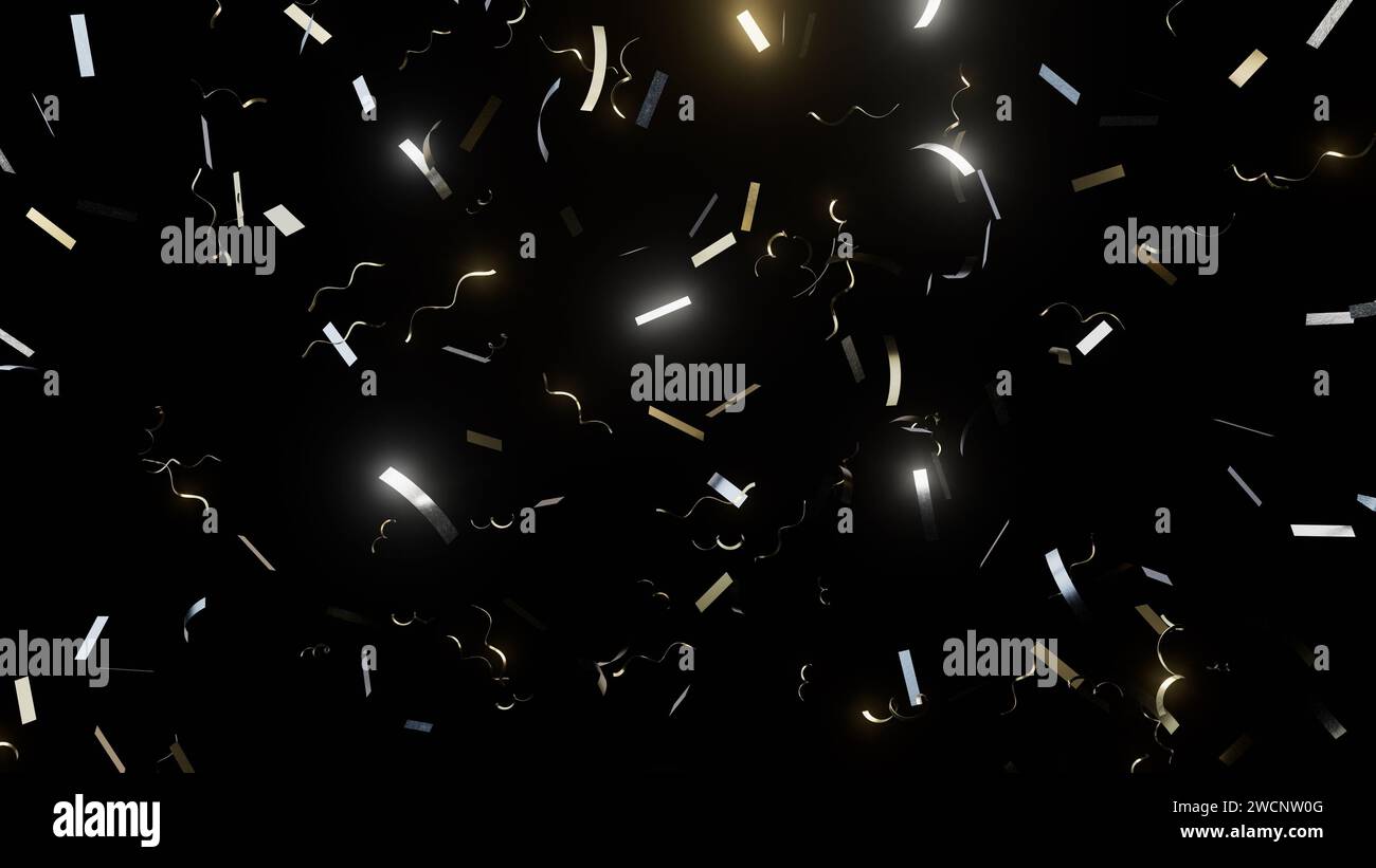 3D illustration of golden flickering confetti party popper falling on ...