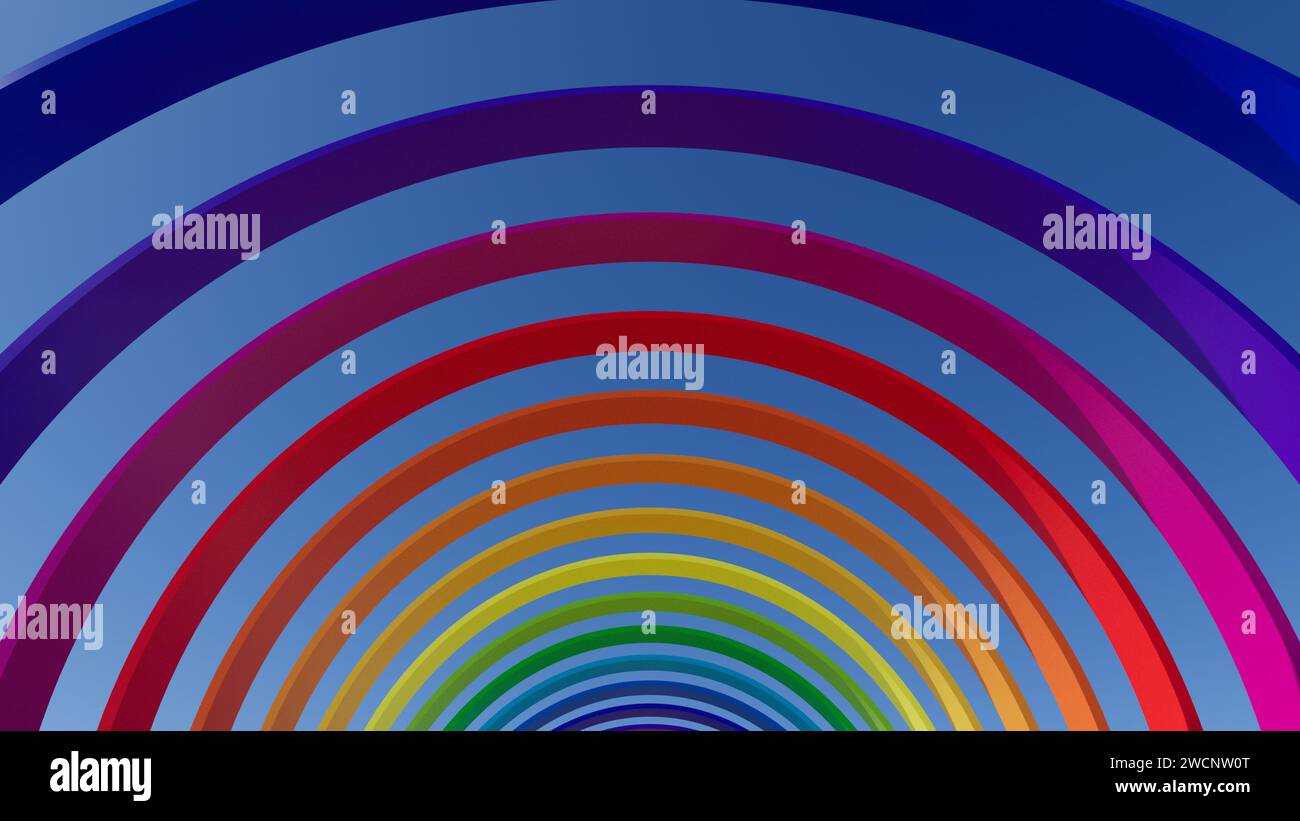 3D illustration of rainbow colored round arches in day light with sun ...