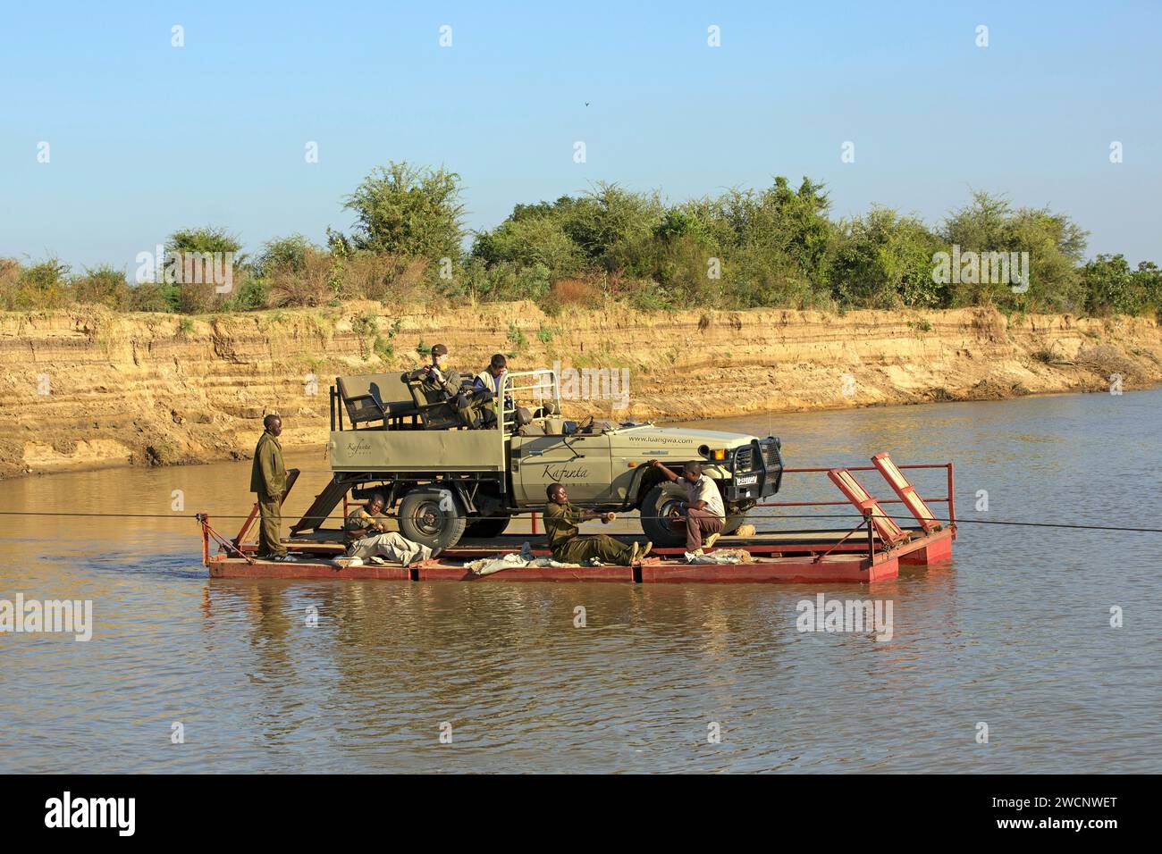 Pontoon car transfer across Luanwa River in Zambia, Luanwa River ...