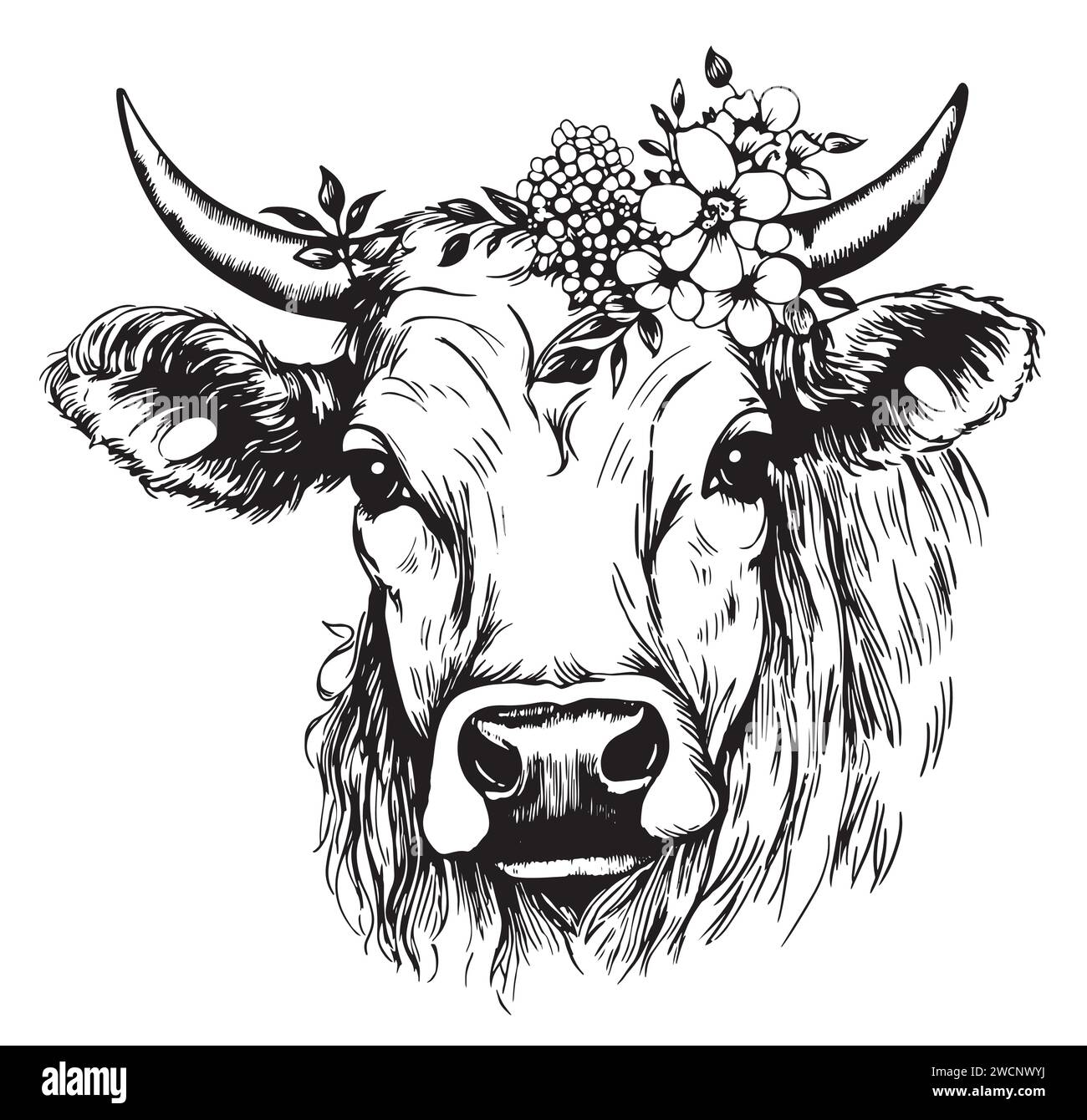 Cow head wreath of flowers. Farm Animal. Vector illustration isolated ...