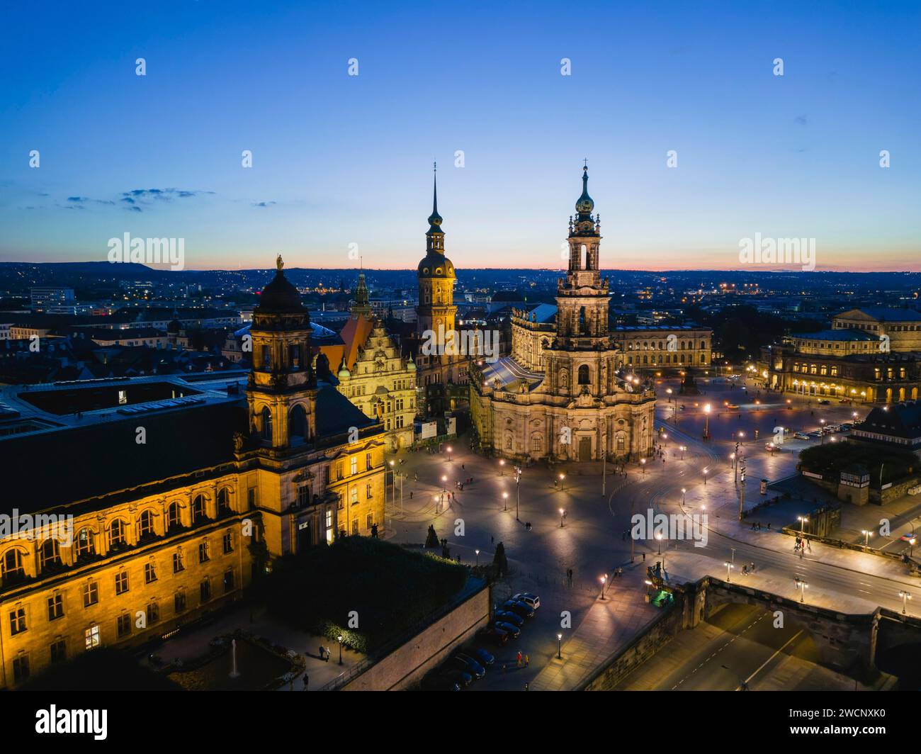 Aerial view of the historical city centre of Dresden, Schlossplatz with ...