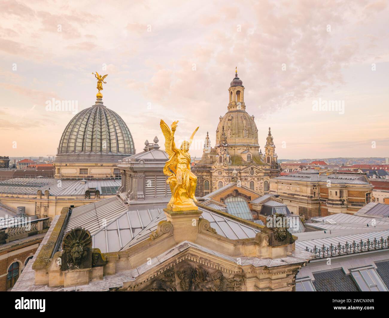 Aerial view in front of sunrise, Old Town with sights, Church of Our ...