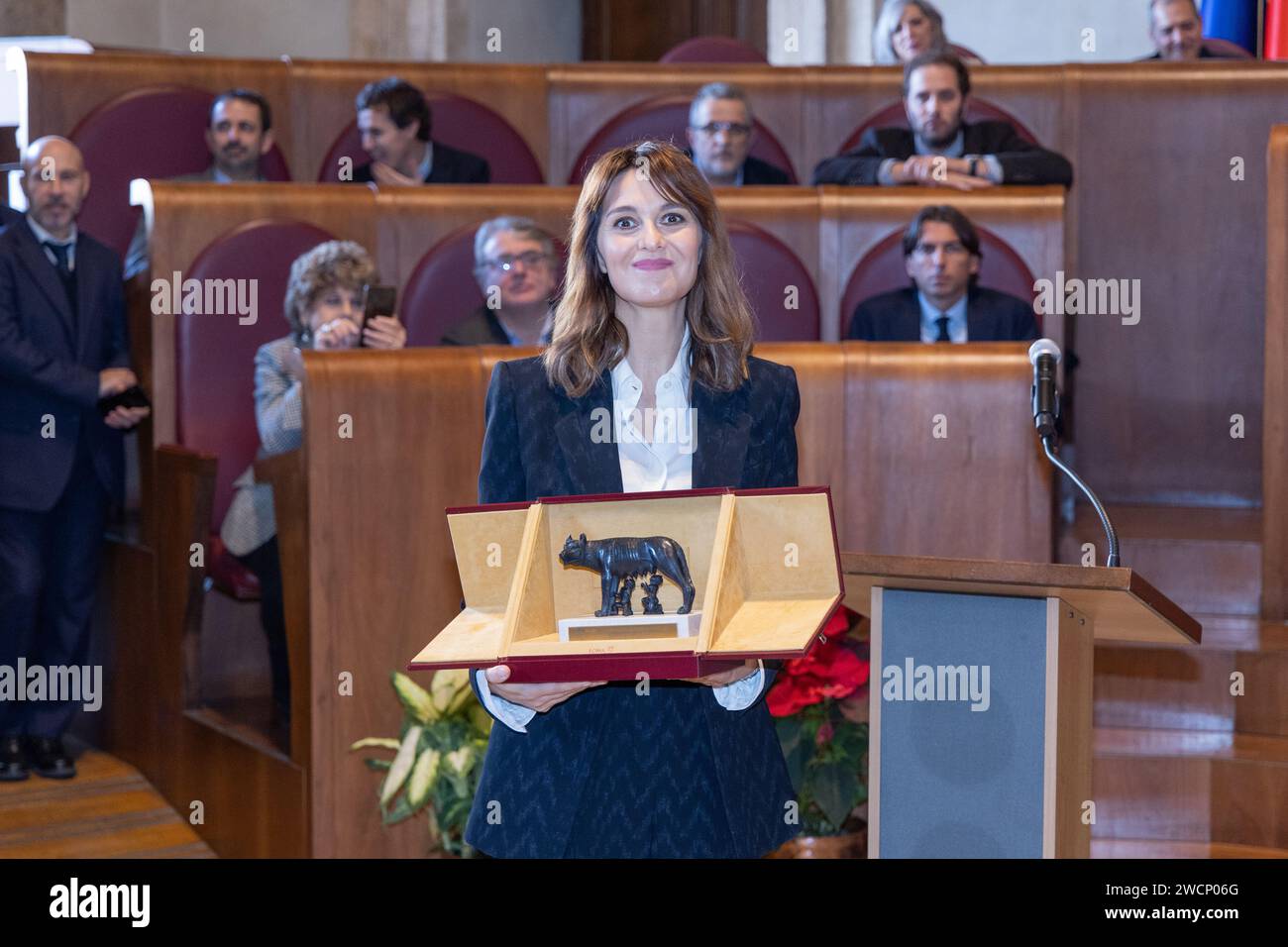 Rome, Italy. 16th Jan, 2024. Paola Cortellesi shows the Lupa Capitolina ...