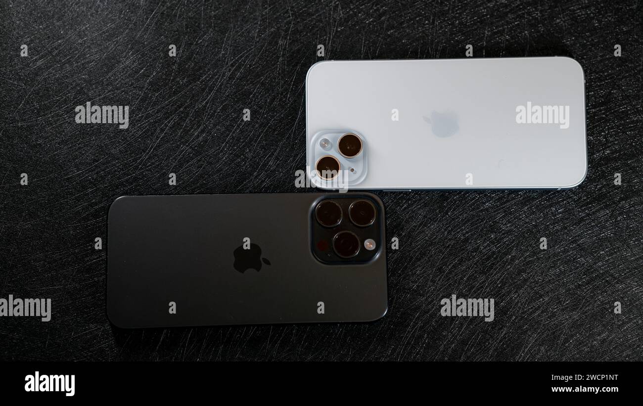 Jurmala, Latvia - 09 01 2024: On Black table new iPhone 15 Blue ...