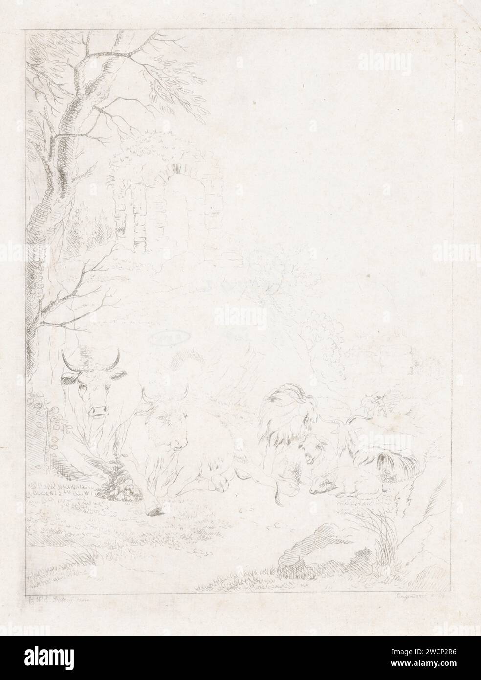 Cows, goats and sheep in a mountainous landscape with ruin, Diederik ...