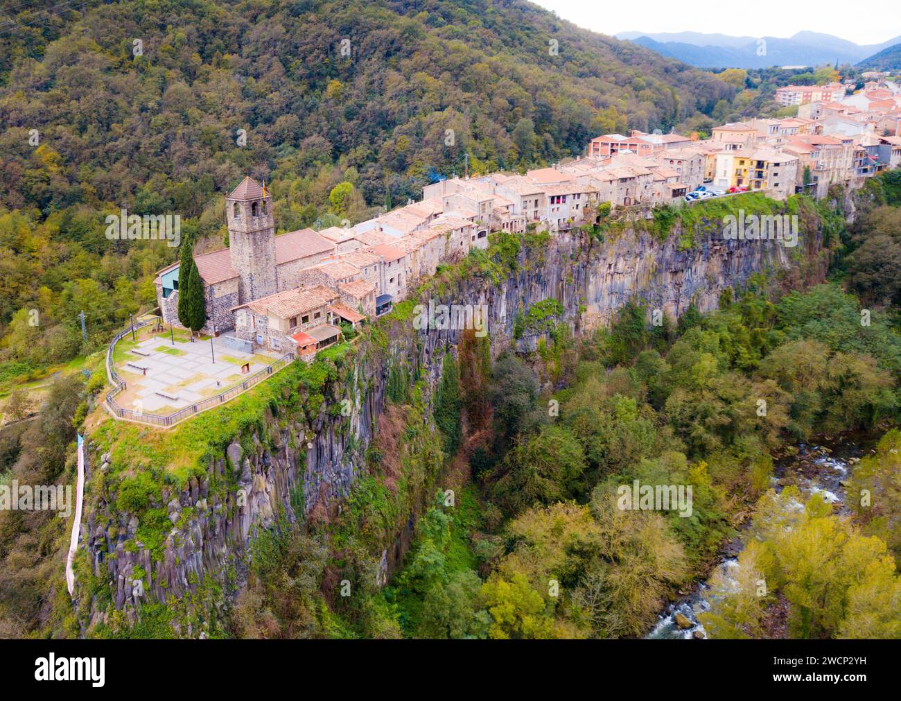 Castellfollit de la Roca on rocky cliff, Spain Stock Photo - Alamy