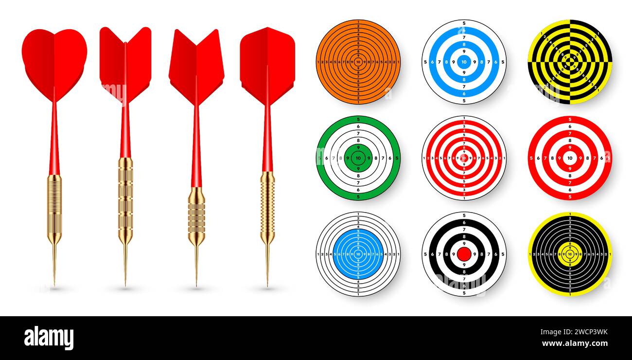 Paper targets with dart arrows and shadows. Shooting range round target ...