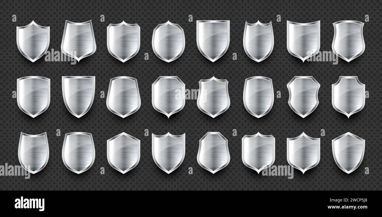 Set of various vintage 3d metal shield icons. Shiny steel heraldic ...