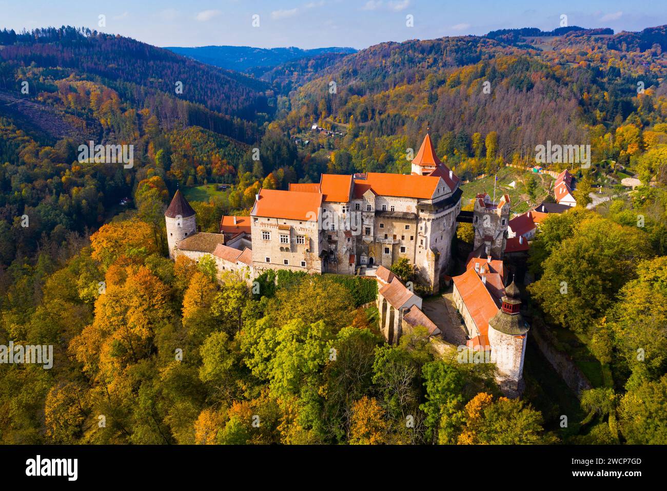 Above view of medieval castle Pernstein. South Moravian region Stock ...