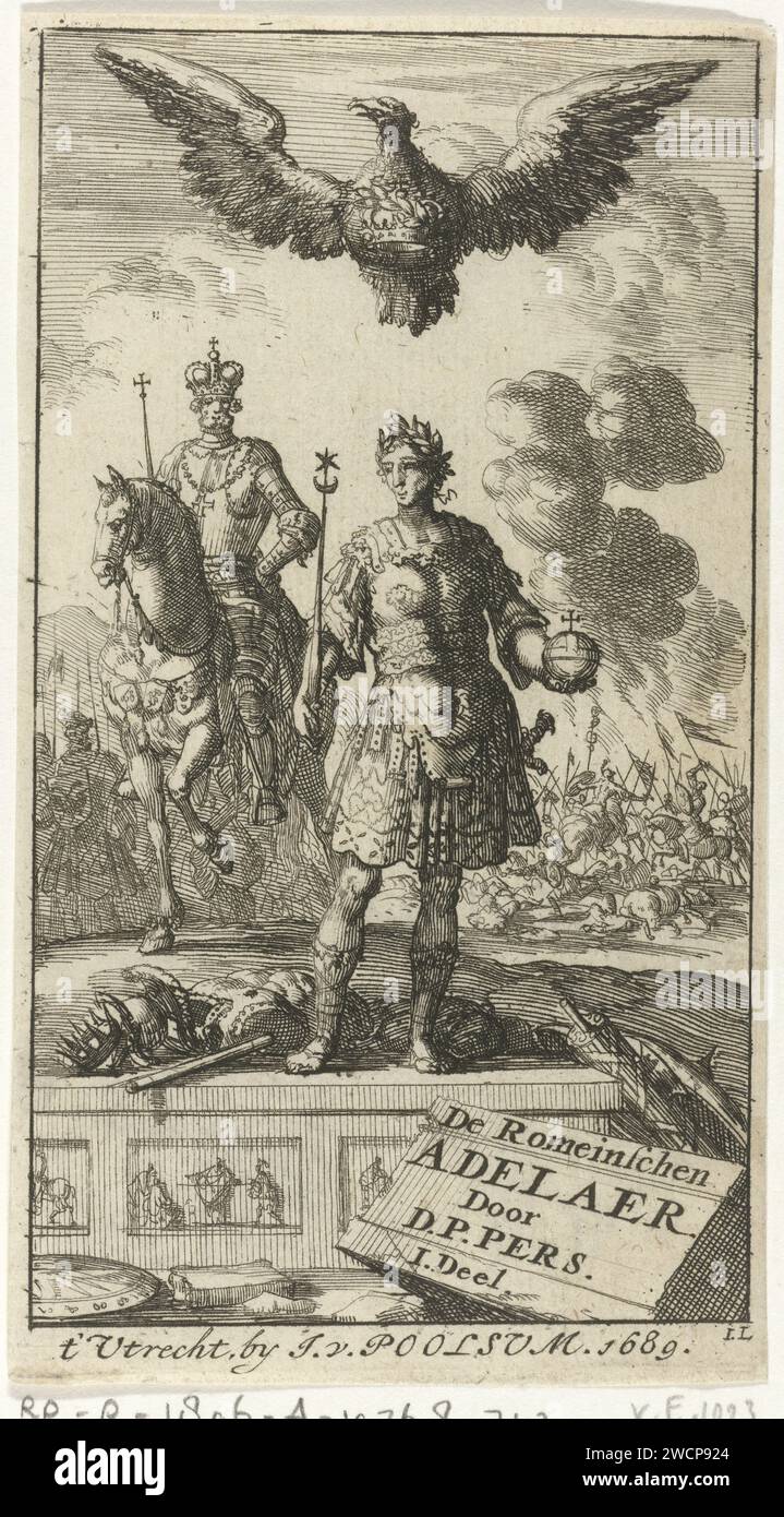 Roman emperor with scepter and globe, above him an eagle flies with a ...