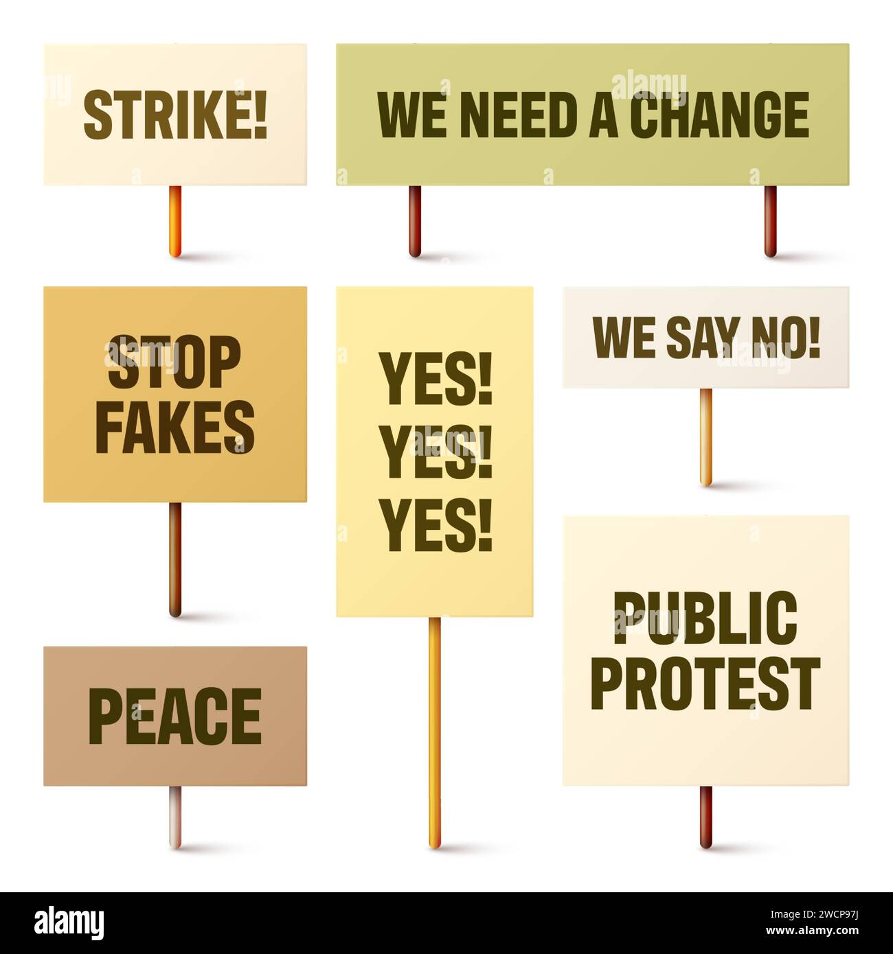 Colorful protest signs with slogan on wooden holder. Realistic vector ...