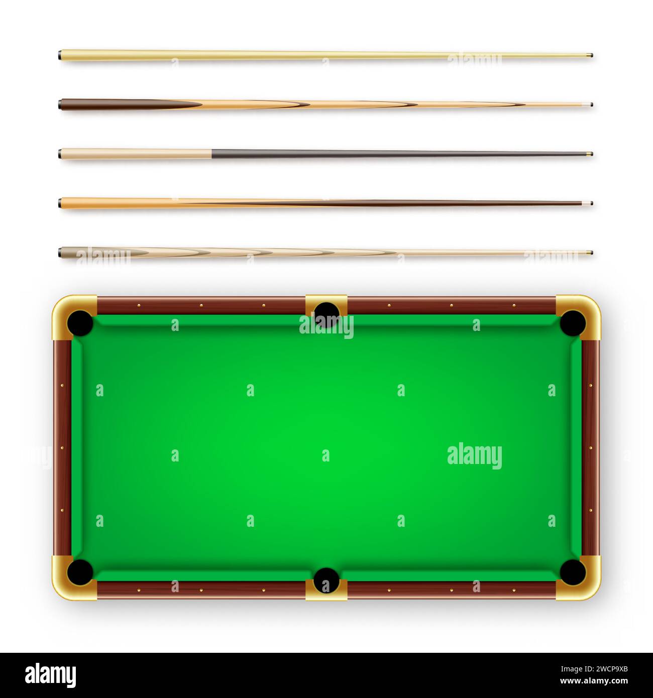 Various wooden billiard cues and green pool table. Snooker sports ...