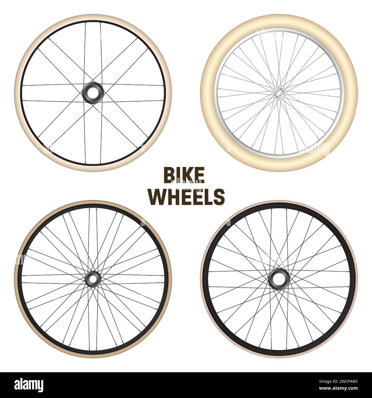 Realistic 3d retro bicycle wheels. Vintage bike rubber tyres, shiny ...