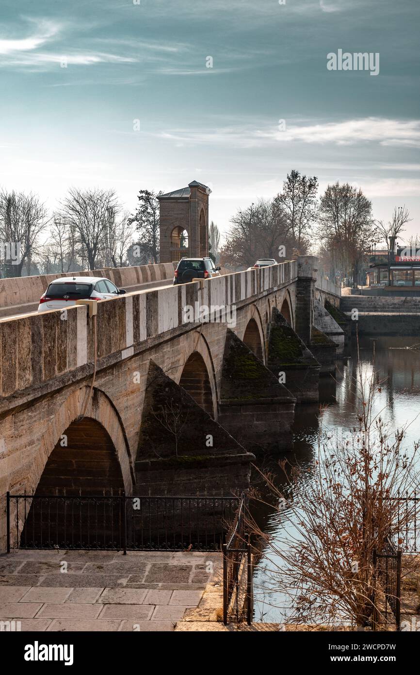 Edirne, Turkiye - January 14, 2024: Tunca Bridge is a historic bridge ...