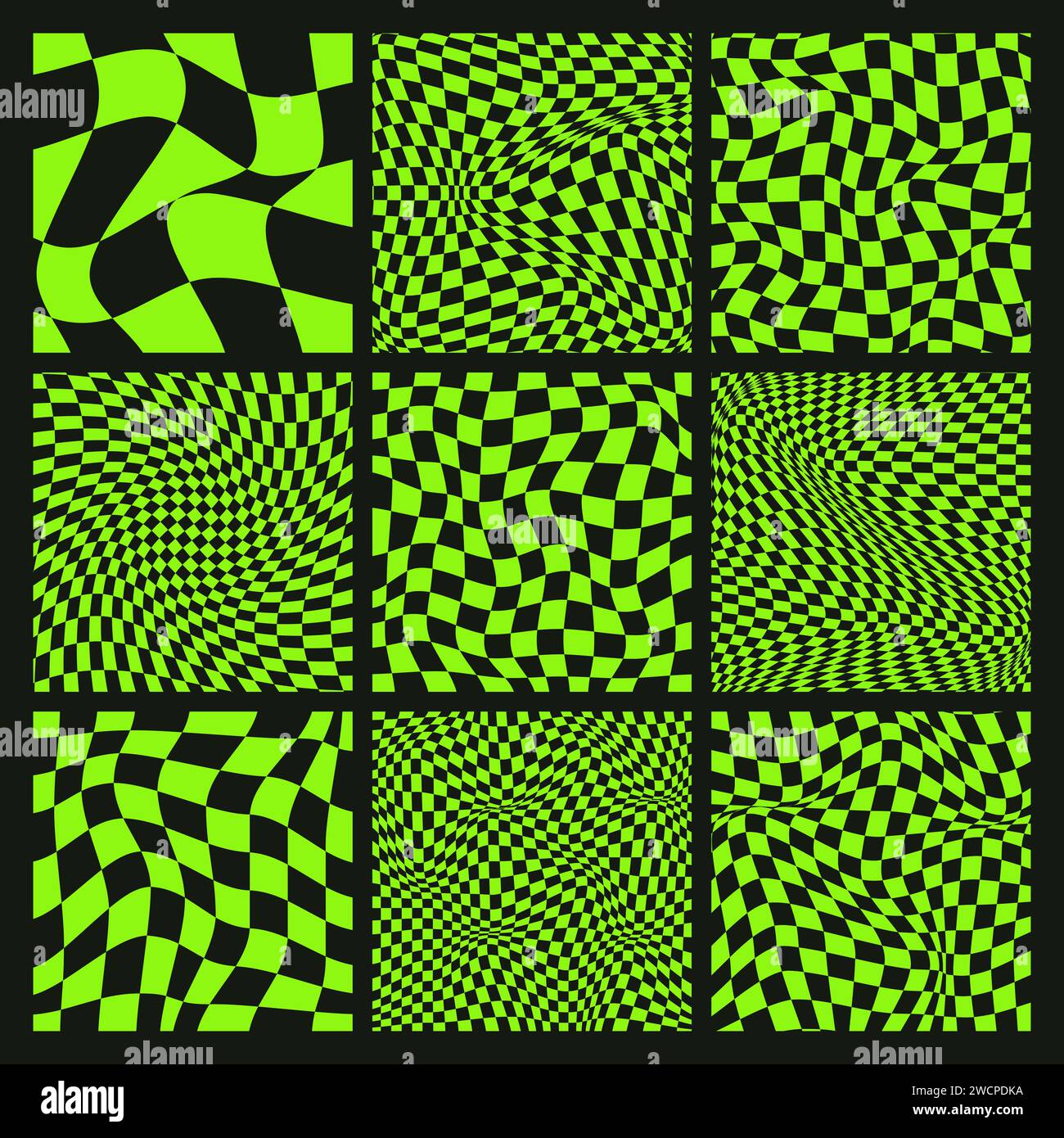 Trendy checkered pattern, black and green distorted tiled grid. Wavy ...