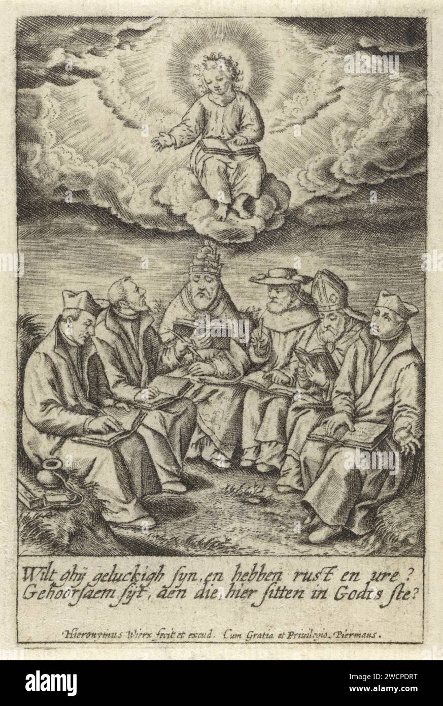 Worship of the Christ child by clergy, Hieronymus Wierix, 1563 - Before 1619 print Six clergymen ...