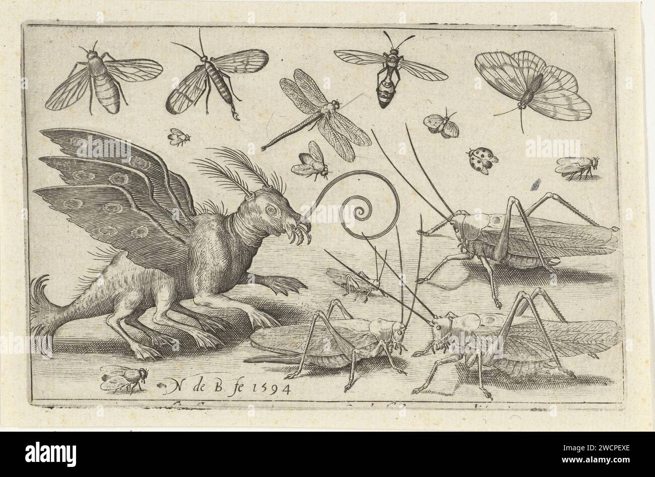 Grasshoppers and fantasy bones with wings and flippers, Nicolaes de ...