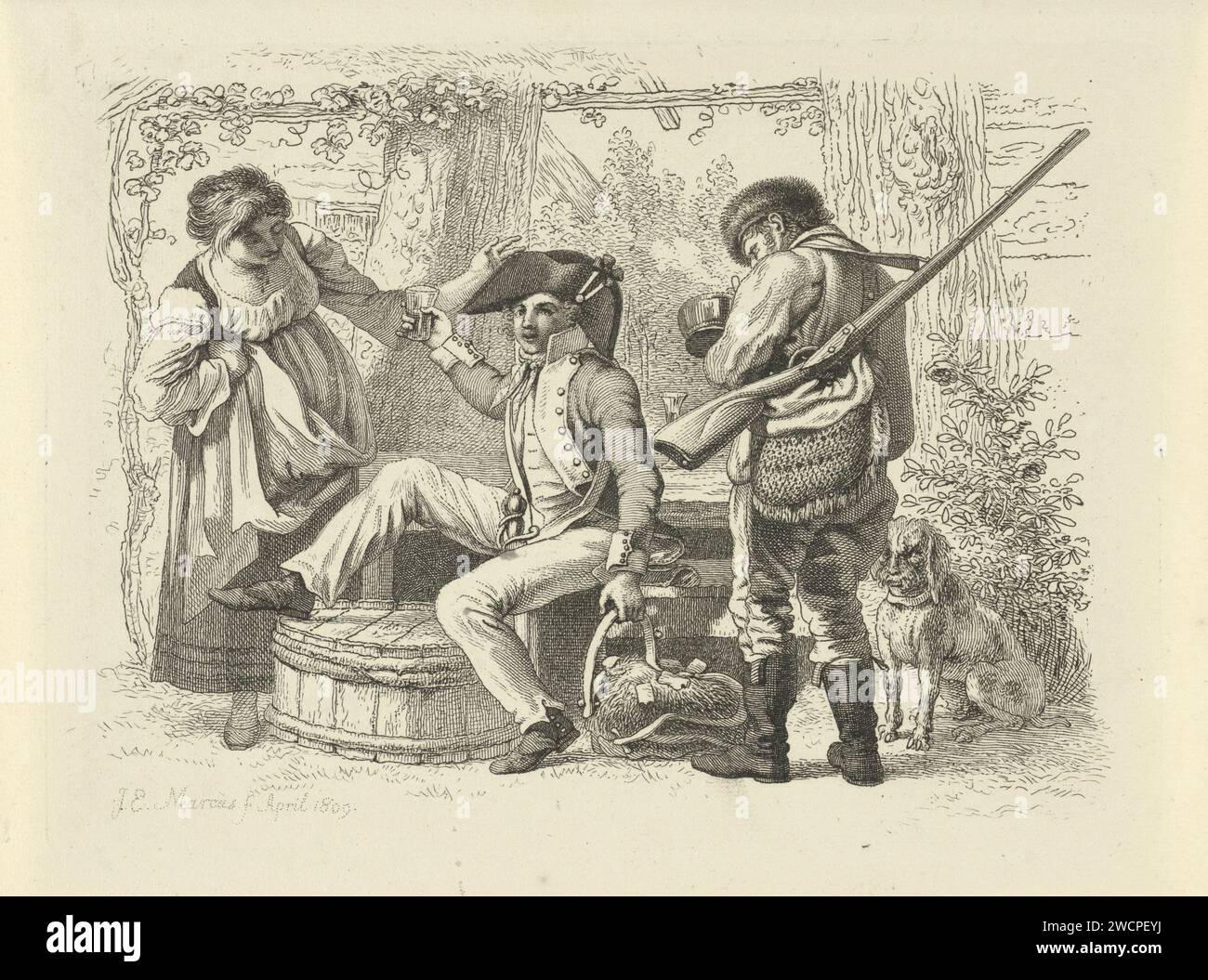 Soldier with lifted glass between a woman and a hunter, Jacob Ernst ...