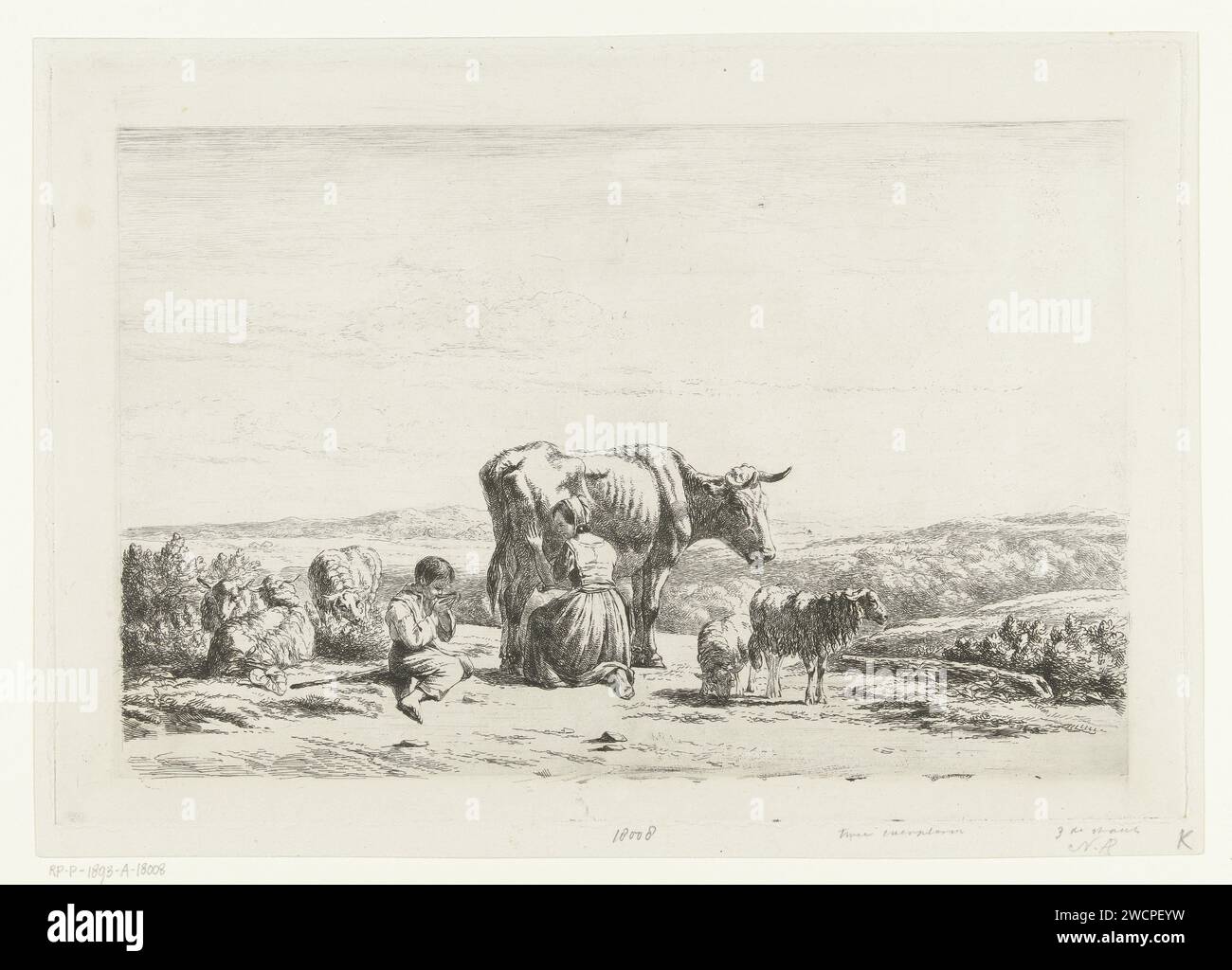 Landscape with wife who milks cow and boy with sheep, Simon van den ...
