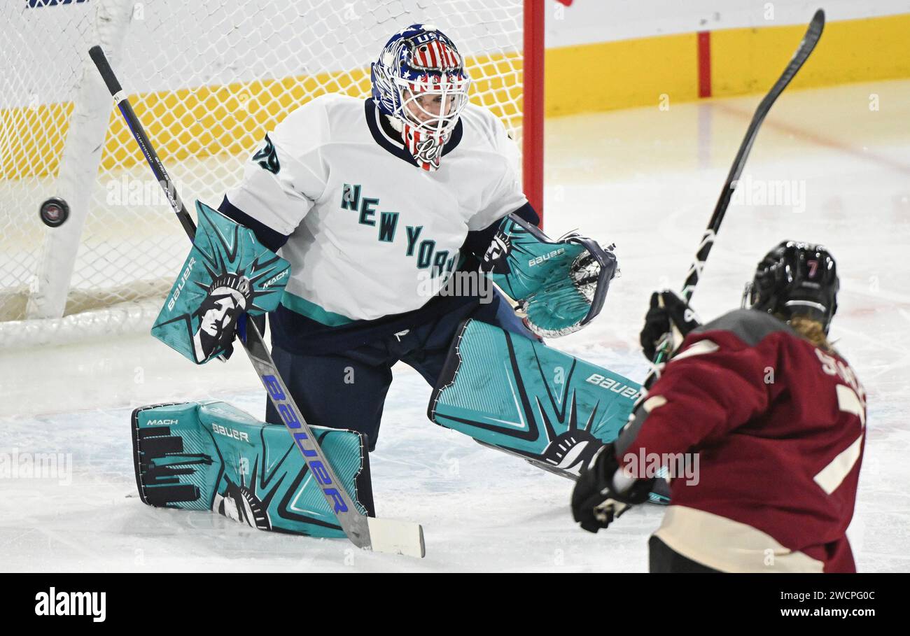 Laval, Canada. 16th Jan, 2024. Montreal's Laura Stacey (7) takes a shot ...