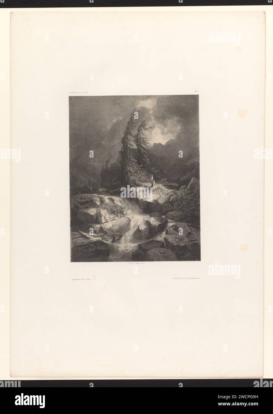 Mountain landscape with pine trees, stream and rain clouds, Alexandre ...
