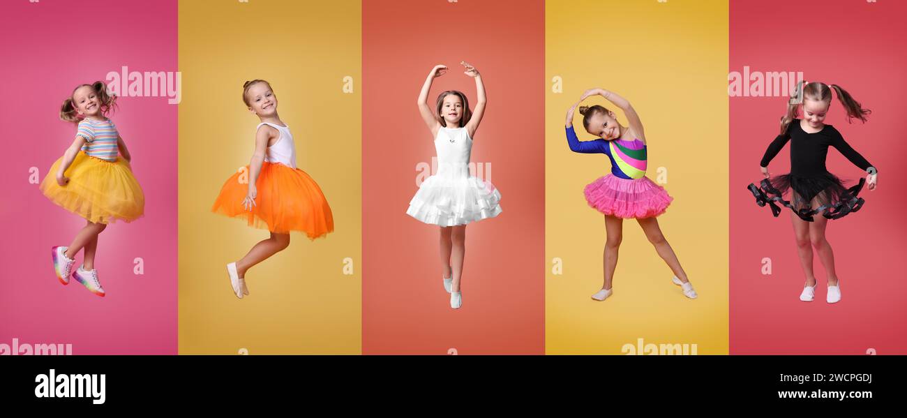 Cute little girls dancing on different colors backgrounds, collection ...