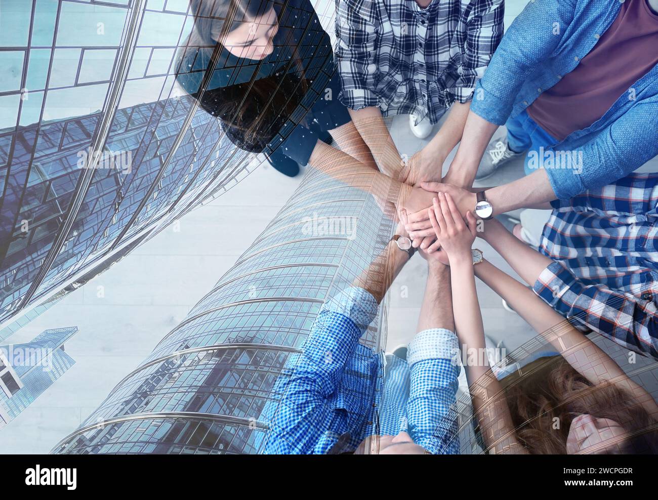 Partnership, cooperation, collaboration. Double exposure of buildings ...