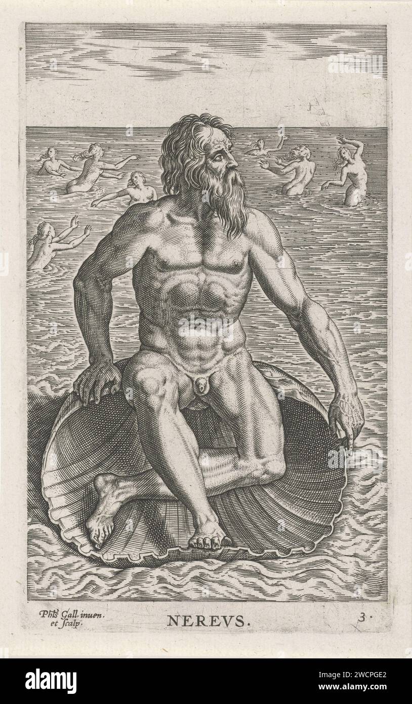 Zeegeod Nereus, Philips Galle, 1586 print The sea god Nereus, sat on a shell. Behind him are ...