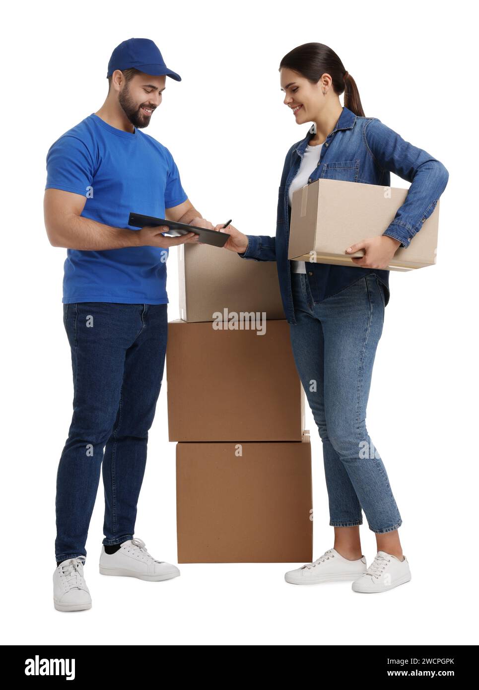Smiling woman signing order receipt on white background. Courier ...