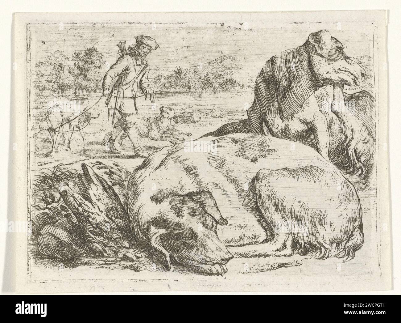 Jager with his dogs, Jan van Ossenbeeck, 1647 - 1674 print A sleeping ...
