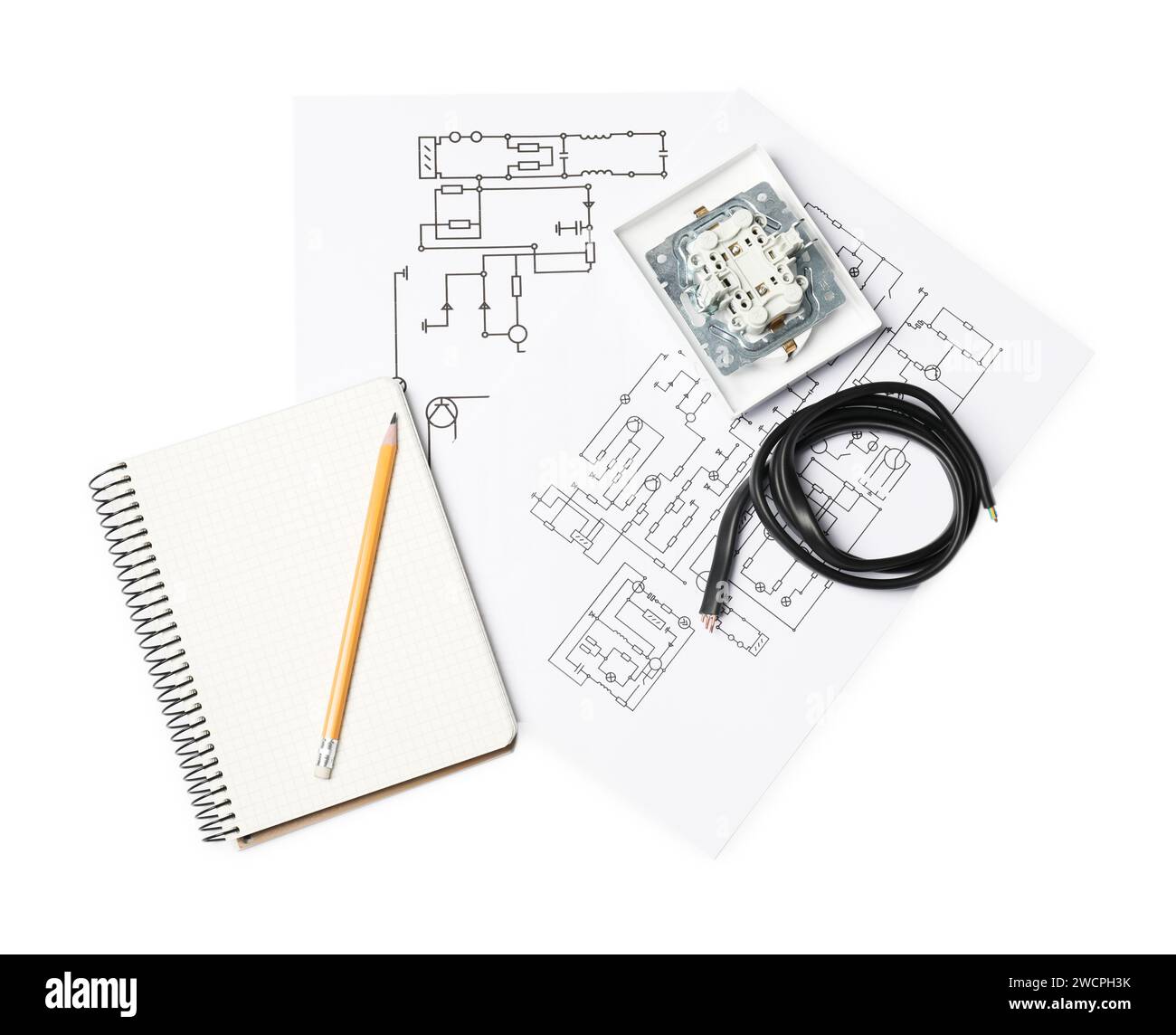 Wiring diagrams, disassembled light switch and office stationery ...