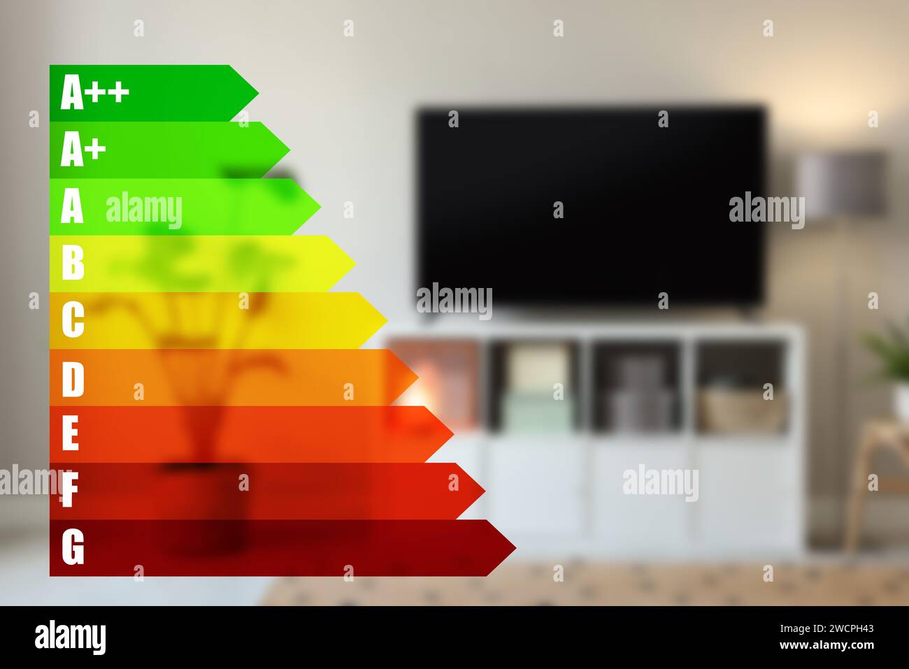 Energy efficiency rating and blurred view of room interior Stock Photo ...