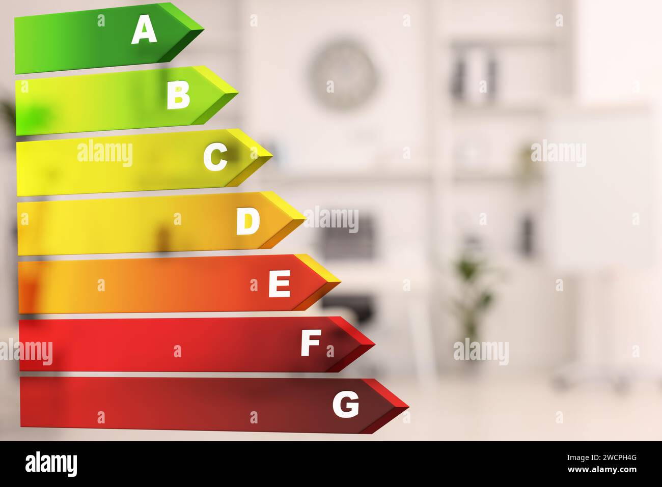 Energy efficiency rating and blurred view of room interior Stock Photo ...